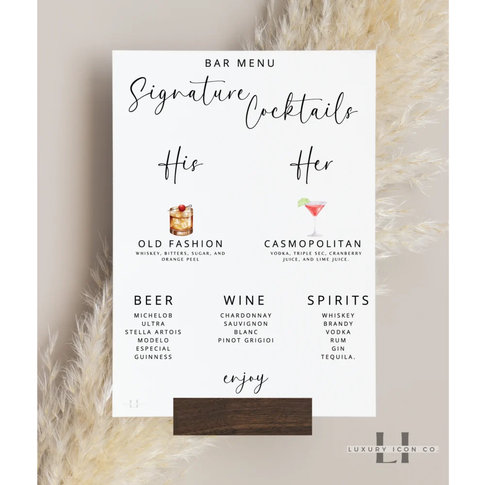 Signature Cocktails Bar Menu Sign | Wedding Bar Menu - Luxury Icon Co.